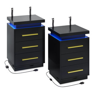 Set of 2 End Tables with RF Remote-Controlled LED Lights, Three Drawers ...