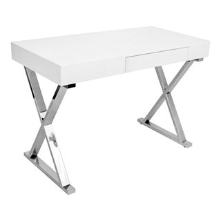 Contemporary Desk, X-Shaped Chrome Metal Legs & Handless Storage Drawer ...