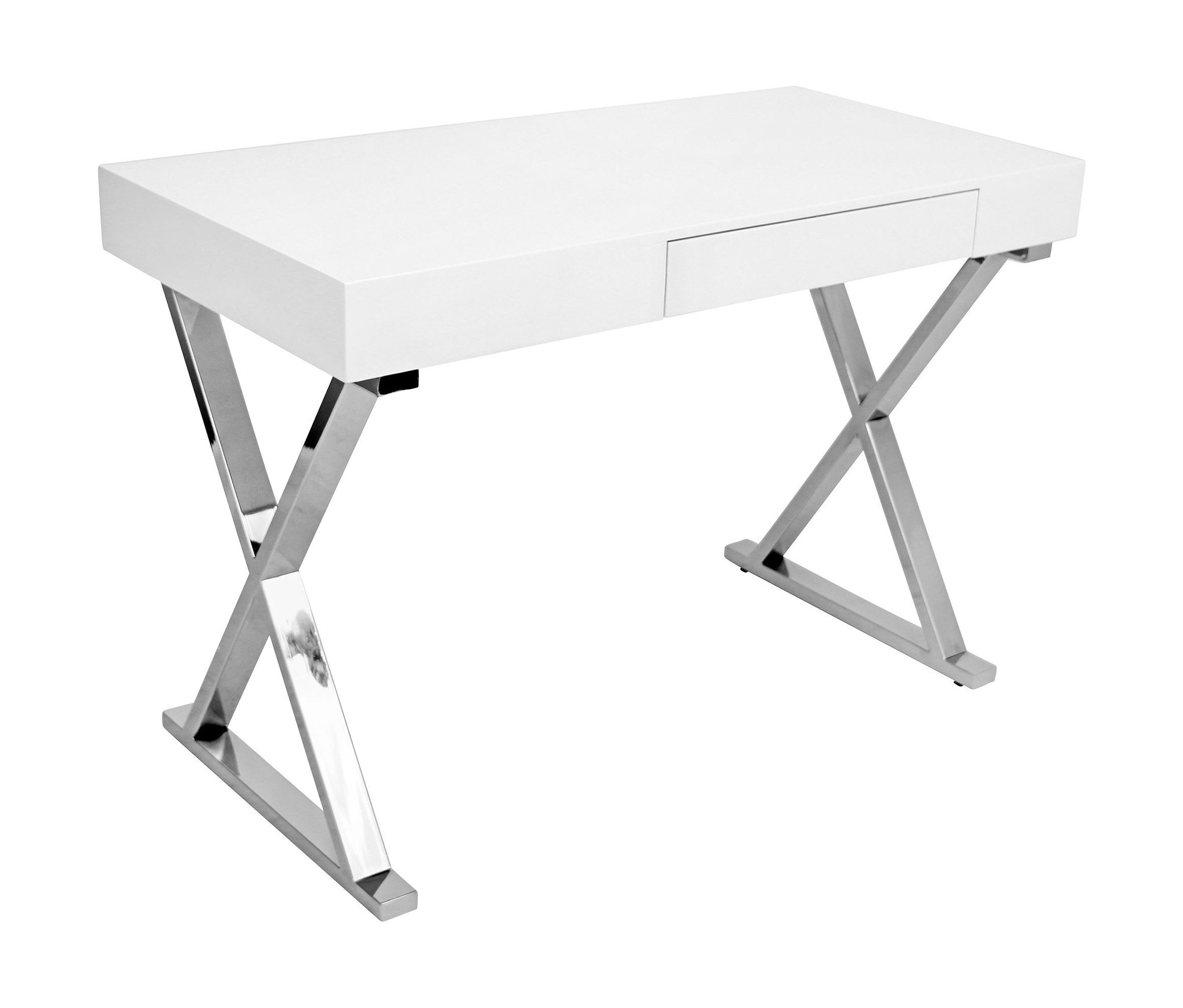 Glossy White Desk with X-Shaped Chrome Legs and Sleek Handless Drawer ...