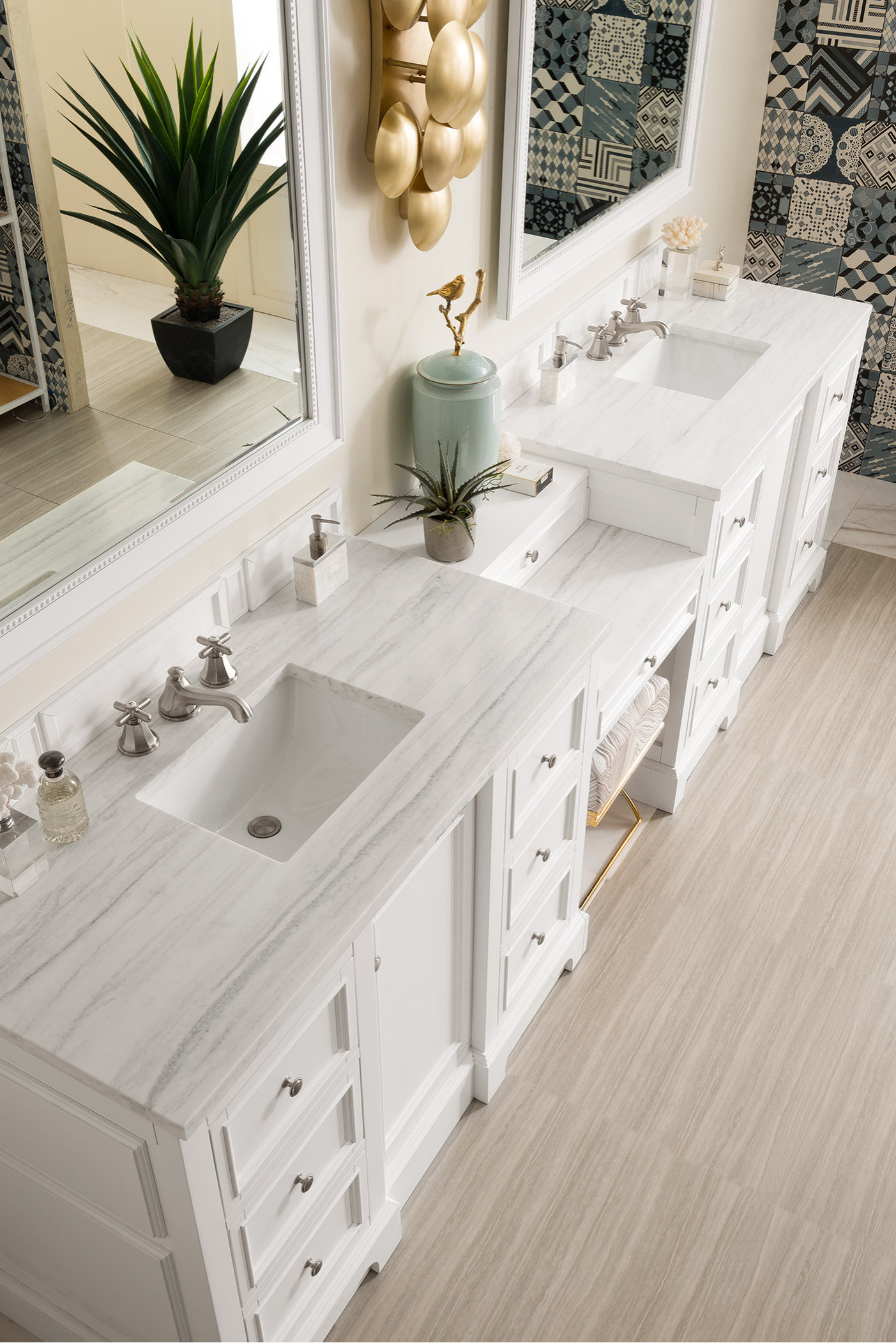 De Soto 118" Double Vanity, Bright White, Makeup Table, Solid Surface ...