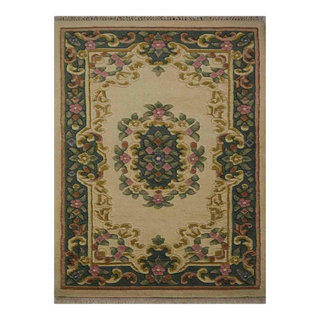 Hand Knotted Aras Wool Area Rug Oriental Ivory Green, [Rectangle] 3'x5 ...
