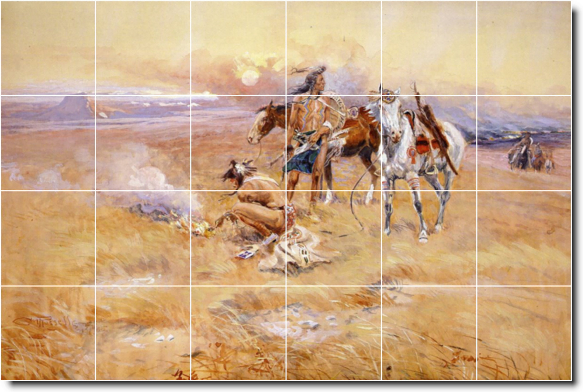 Charles Russell Western Painting Ceramic Tile Mural #14, 48" Wide x 32 ...