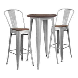 24" Round Silver Metal Bar Table Set with Wood Top and 2 Stools ...