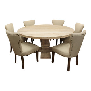 Benedict 7-Piece Dining Set, 70" Round Dining Table And 6 Ivory Linen Chairs - Transitional ...
