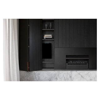 TV hidden behind a pocket panelled slider - Modern - Living Room ...