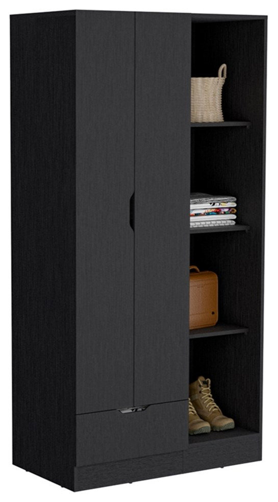 Pemberly Row Engineered Wood Armoire with 4-Tier Open Shelves in Black ...