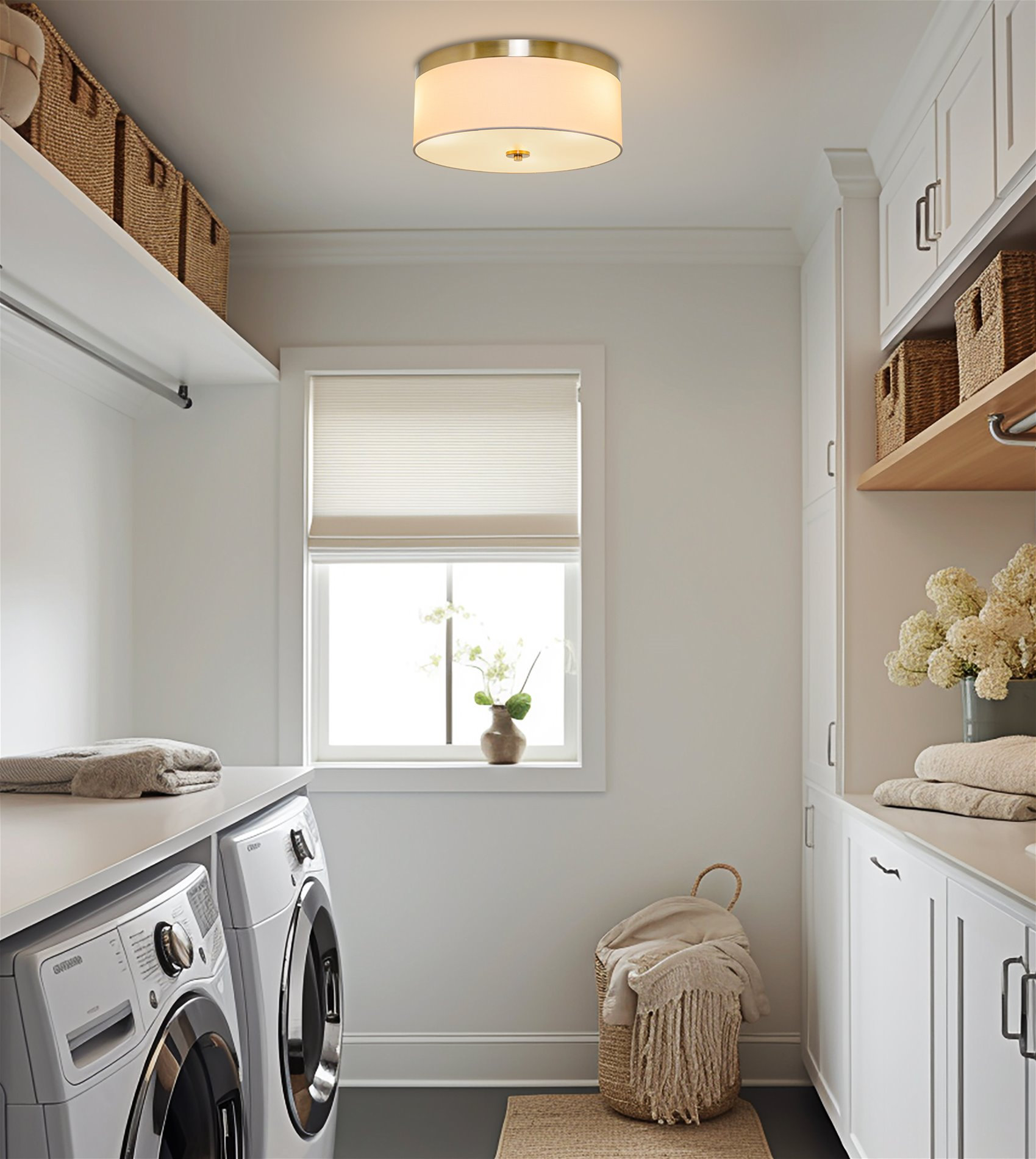 Kira Home Walker 15" Flush Mount Ceiling Light, White Fabric Shade ...