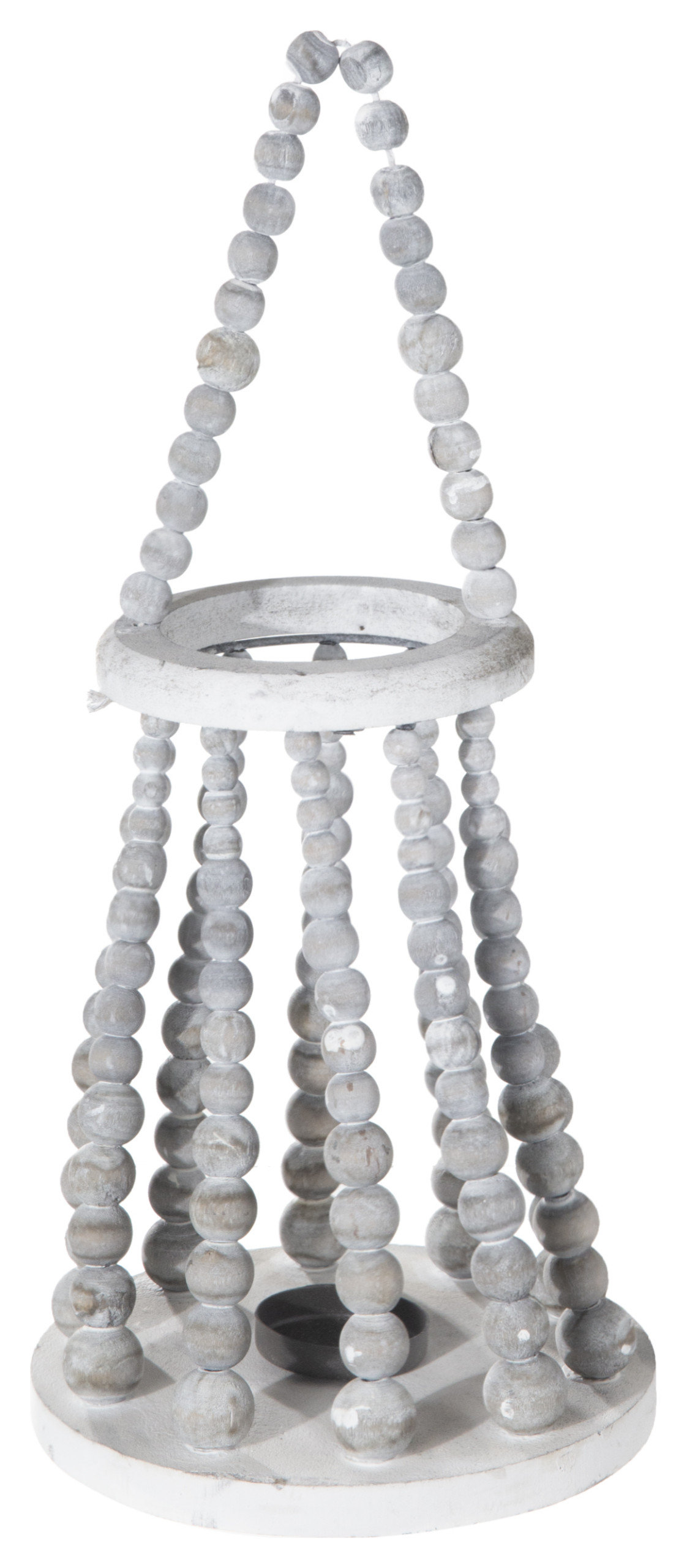 Round Wood Lantern with Beads Design Body, Washed Gray Finish ...