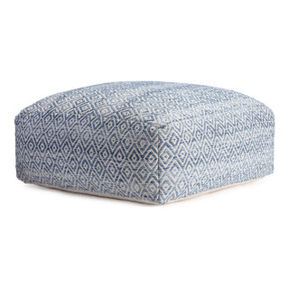 Classic Pouf Ottoman, Padded Seat With Diamond Patterned Upholstery, Blue/Beige - Scandinavian ...
