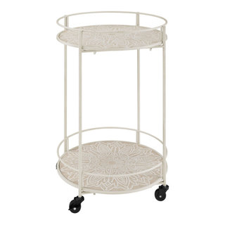 2 Tier Round Metal Frame Bar Cart with Medallion Engraving, White and ...