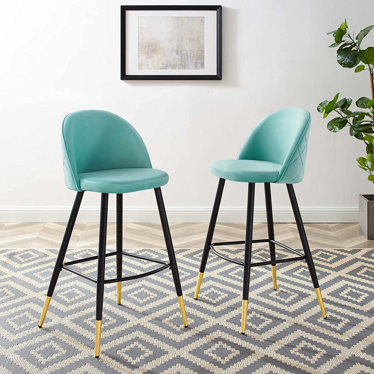 Set of 2 Velvet Bar Stools with Diamond Lattice Upholstery and Gold ...