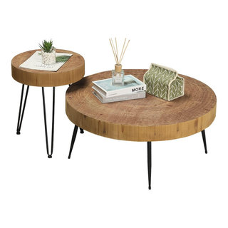 Set of 2 Farmhouse Coffee Table, Sleek Legs & Thick Wooden Top - Rustic ...