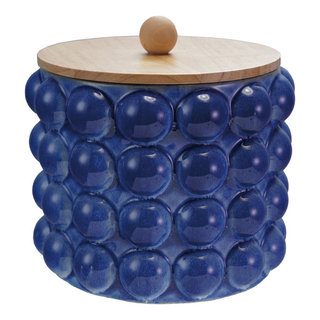 Stoneware Canister With Raised Dots and Lid and Reactive Glaze, Navy ...