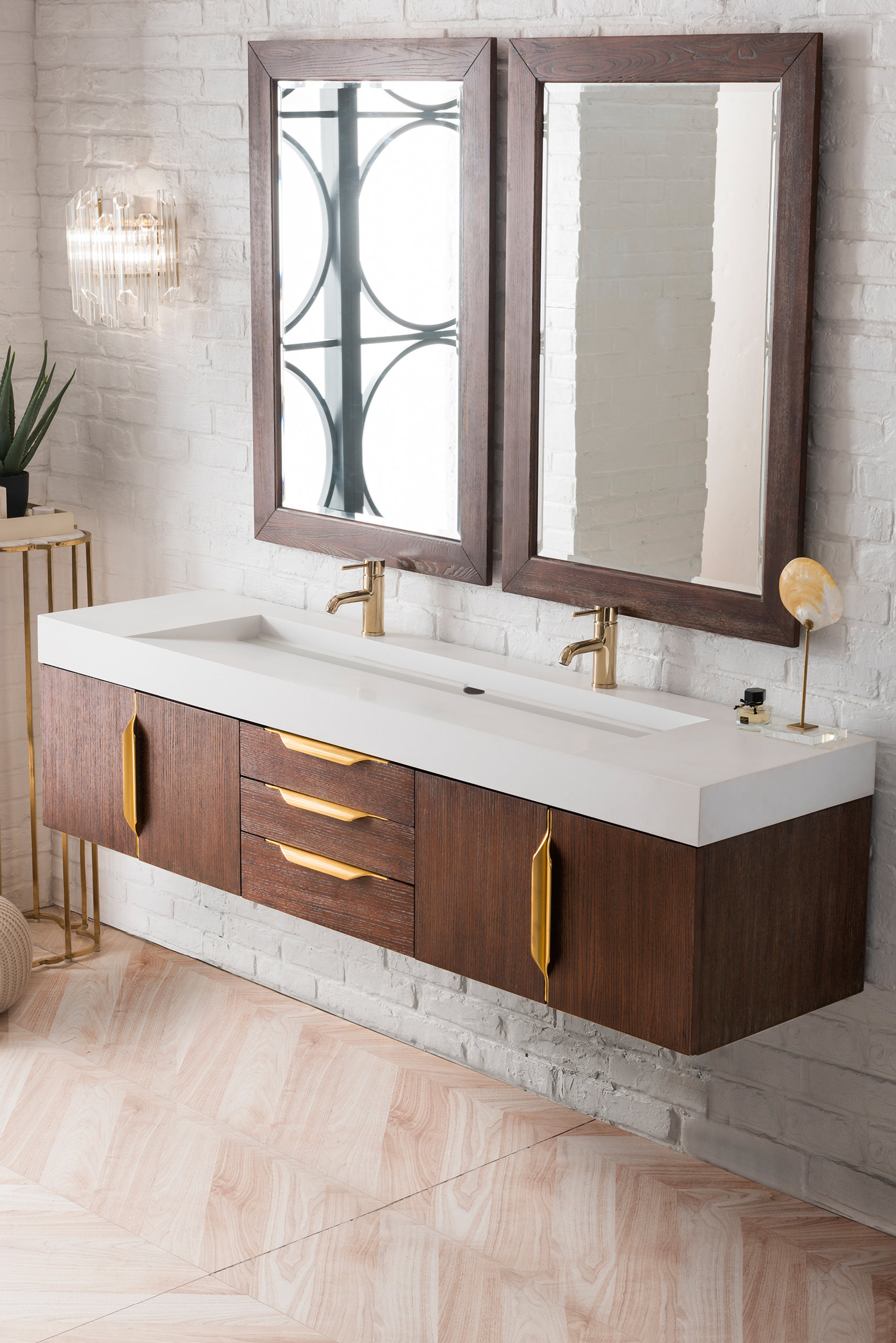 Mercer Island 72" Double Vanity, Coffee Oak, Radiant Gold W/ Glossy ...