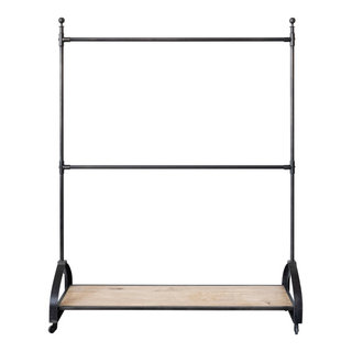 Metal and Mango Wood Rack on Wheels With 2 Rods and Shelf, Natural and ...