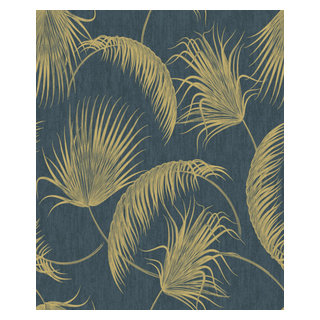 Blue Oasis Foil Leaves Wallpaper - Tropical - Wallpaper - by SK Filson ...