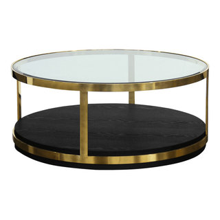 44" Black And Gold Glass And Metal Round Coffee Table With Shelf ...