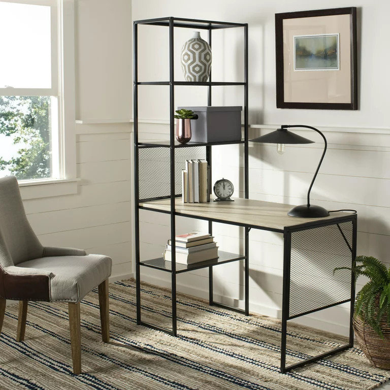 Contemporary Desk With Integrated Bookcase, Metal Frame & Multiple Open ...