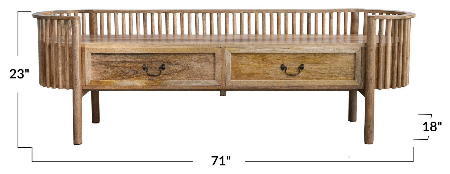 Mango Wood Slatted Bench With 2 Drawers and Metal Pulls, Natural and ...