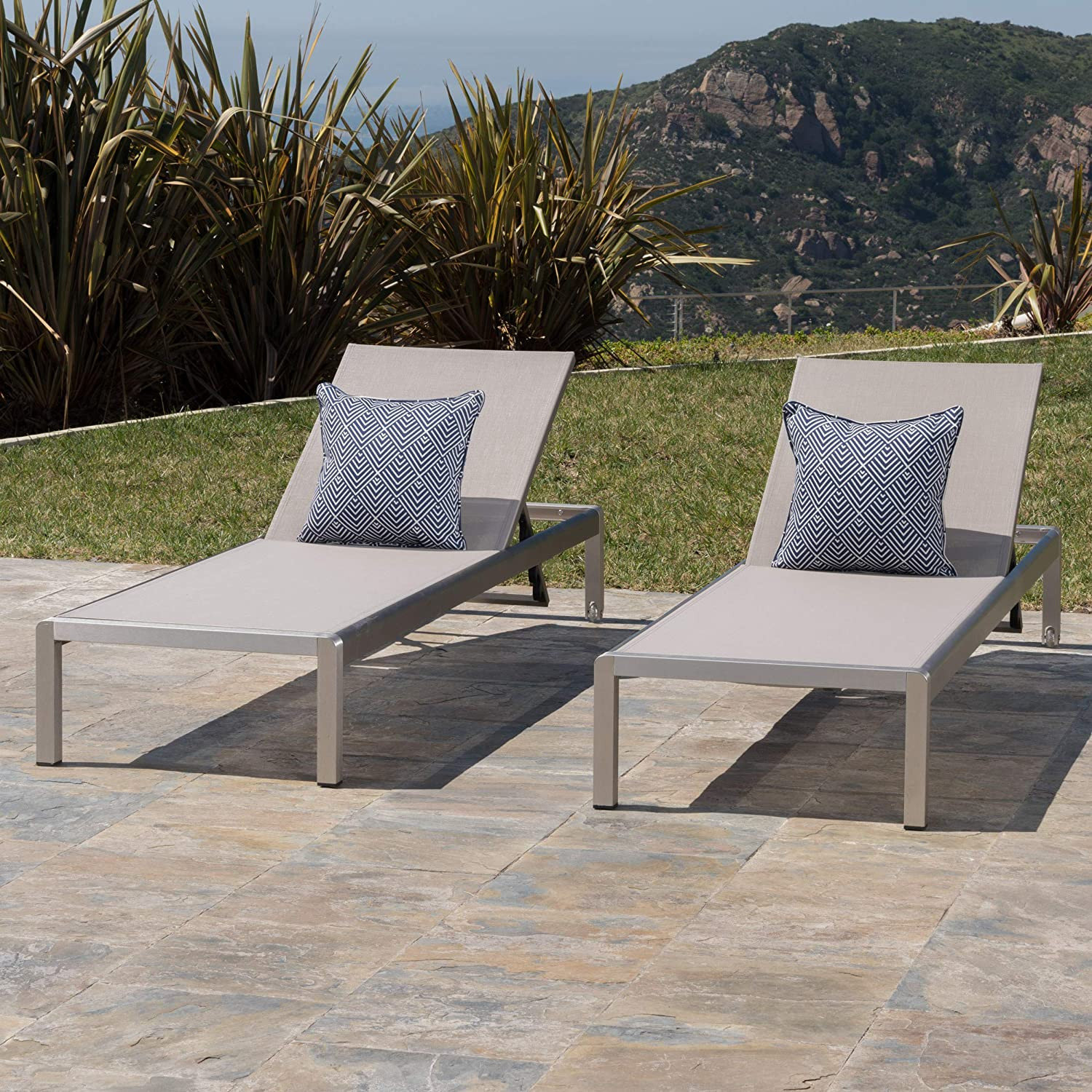 Set of 2 Patio Chaise Lounge, Aluminum Frame With Gray Synthetic Mesh ...
