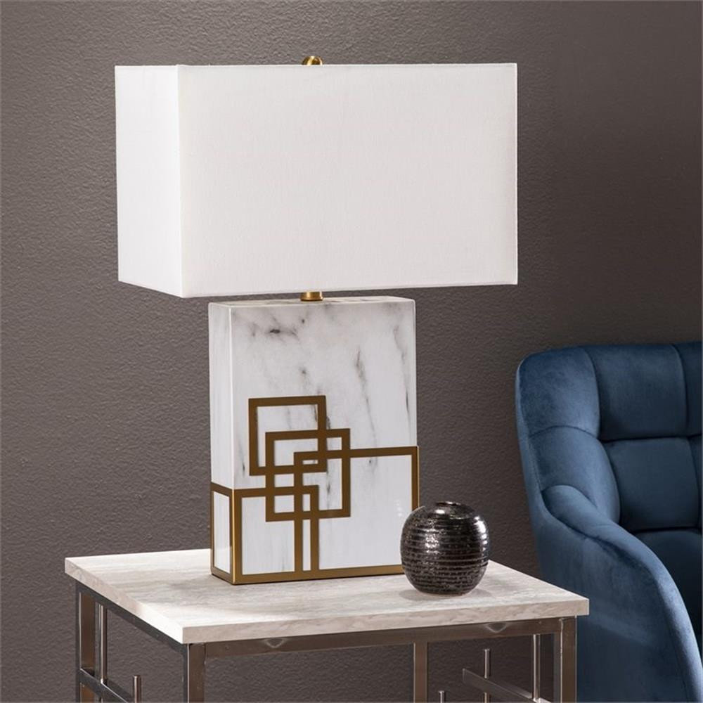 Maklaine Transitional Table Lamp in White / Gold with Faux Marble Base ...