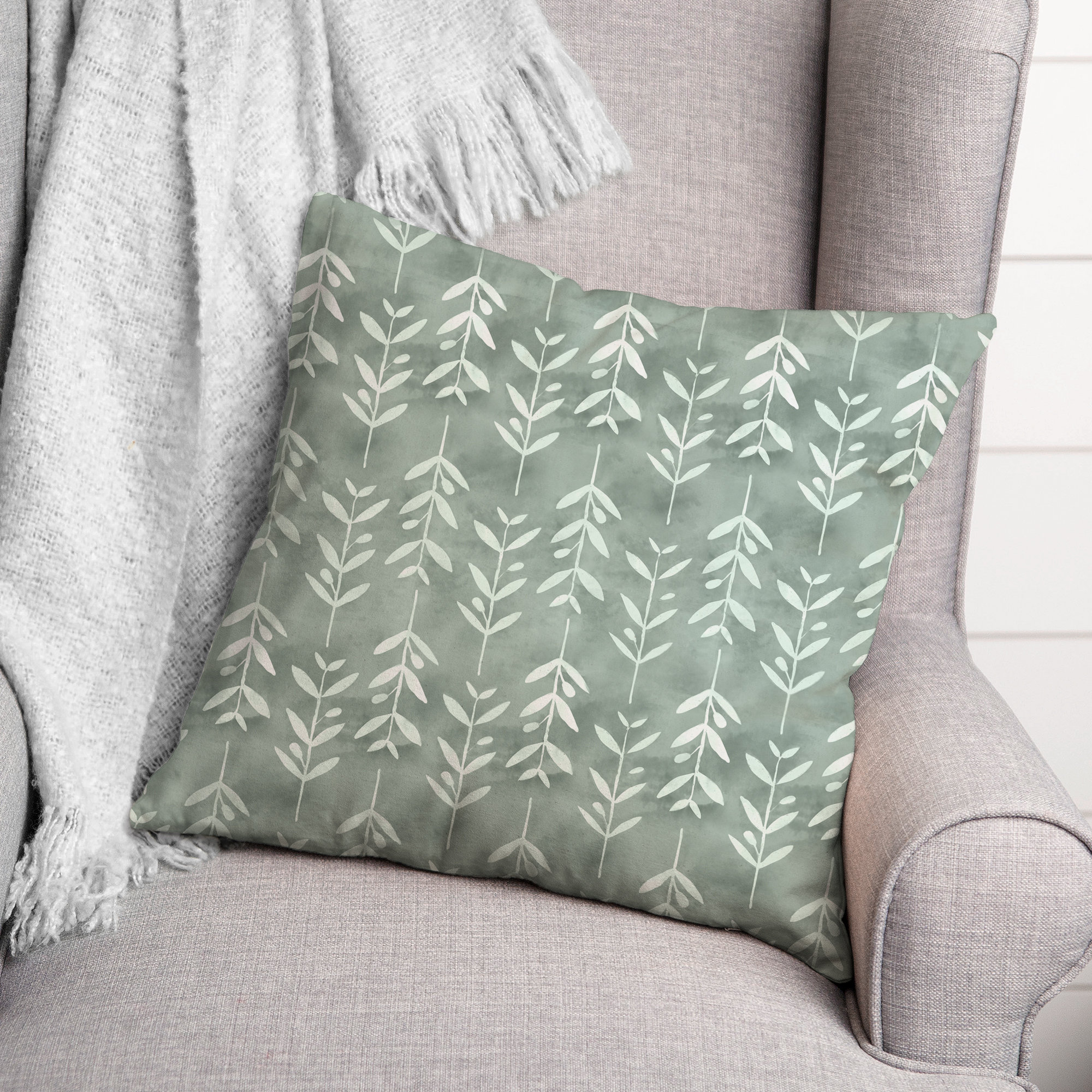 Leafy Vine Pattern Soft Green 5 20x20 Spun Poly Pillow, 20x20 ...