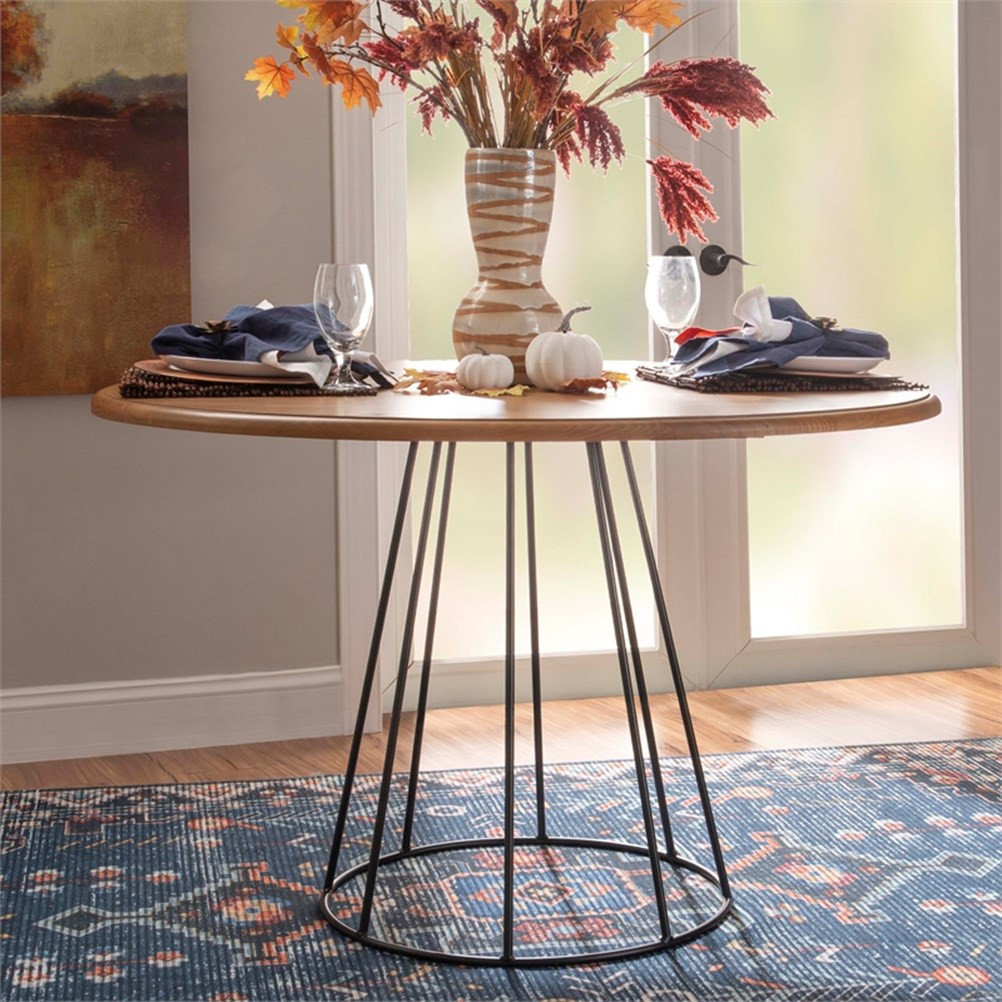 Linon Taya Round Wood and Metal Dining Table in Rustic Honey Brown ...