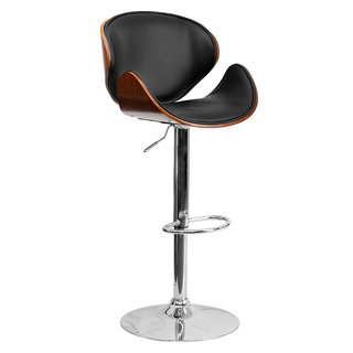 Walnut Bentwood Adjustable Height Barstool with Curved Back and Black ...