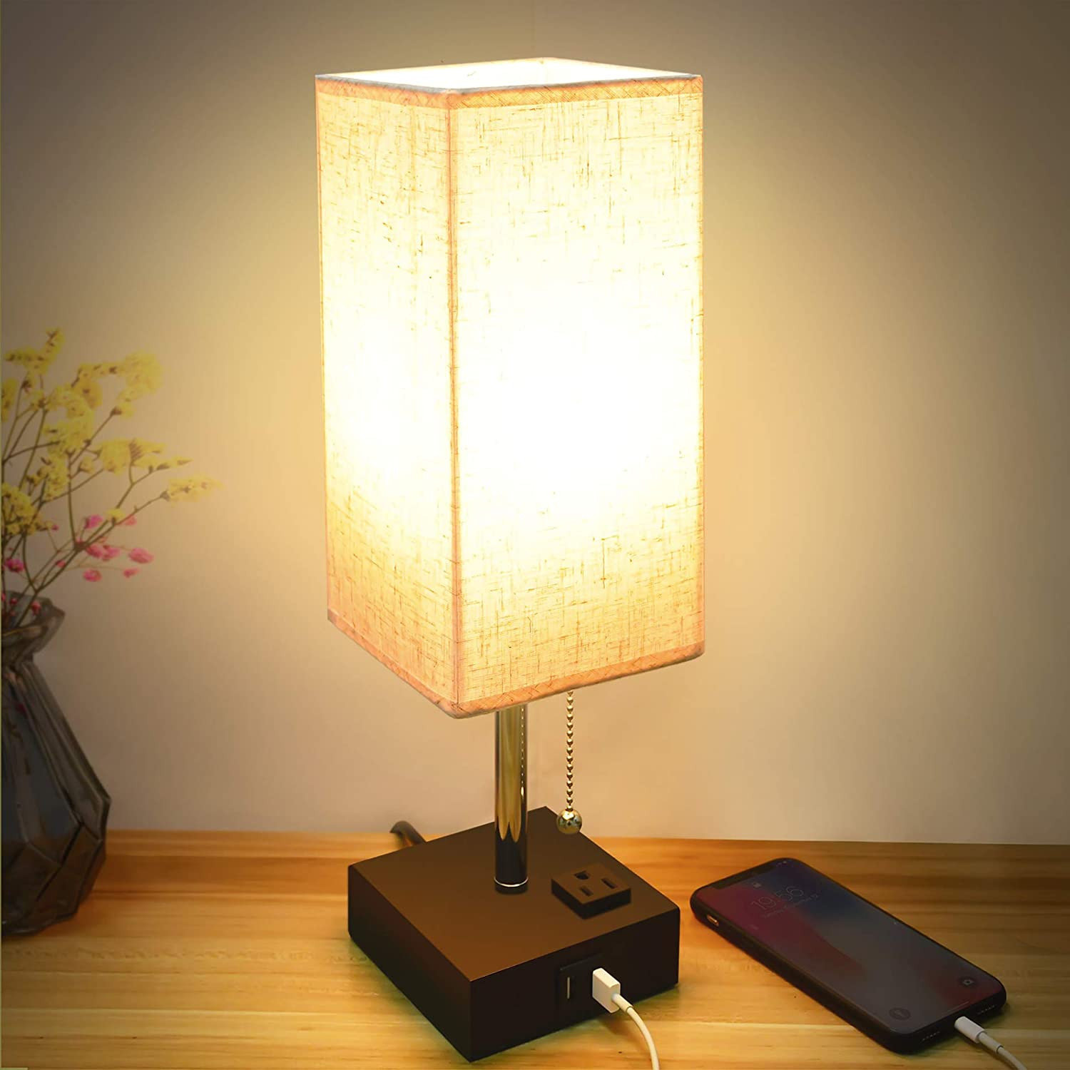 Modern Nightstand Lamp with Black Base and Fabric Shade for Bedroom ...