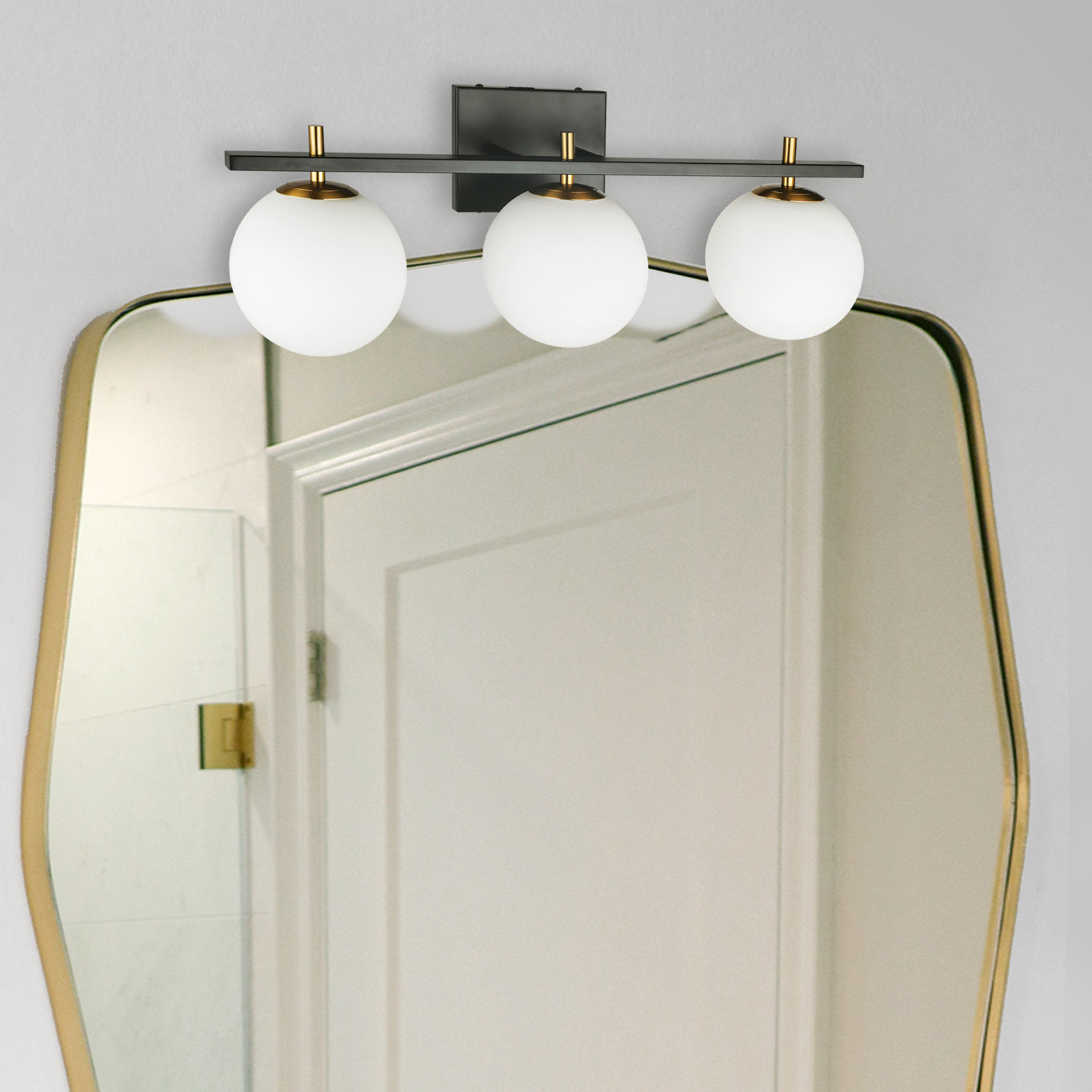 Matte Black and Aged Brass Transitional Vanity With White Glass ...