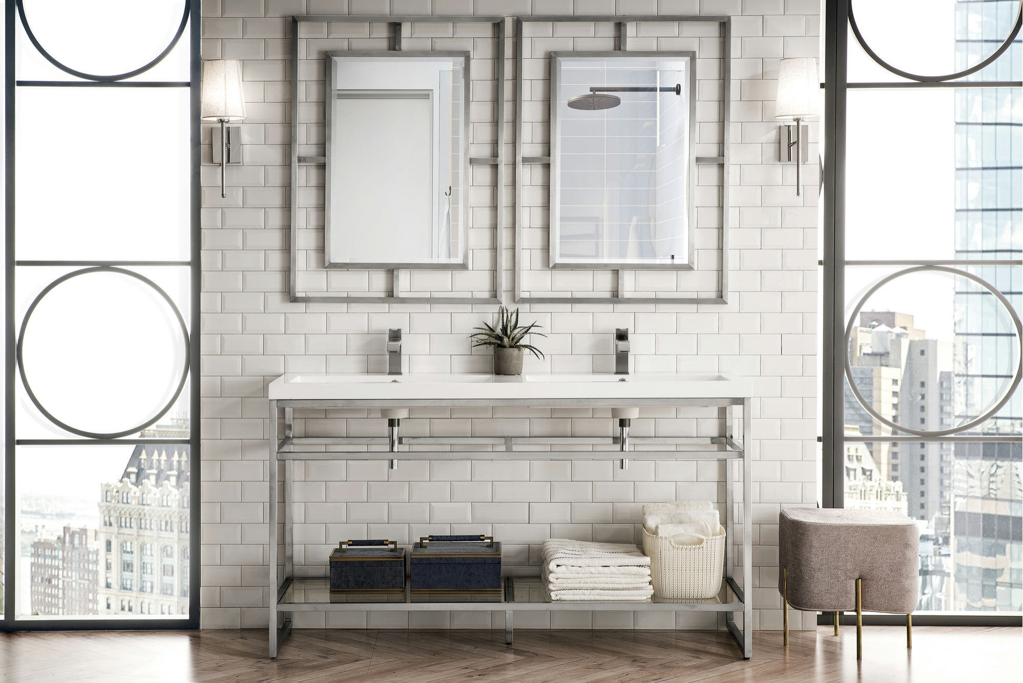 Boston 63" Sink Console (Double Basins) Nickel w/White Composite Top ...