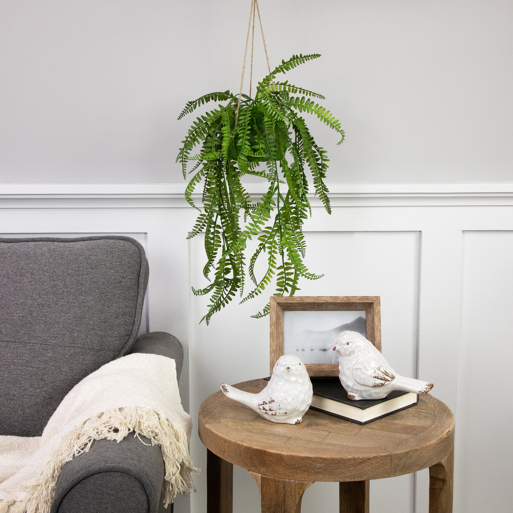 18" Artificial Fern Plant With Moss Ball and Hanging Jute Cord - Modern ...