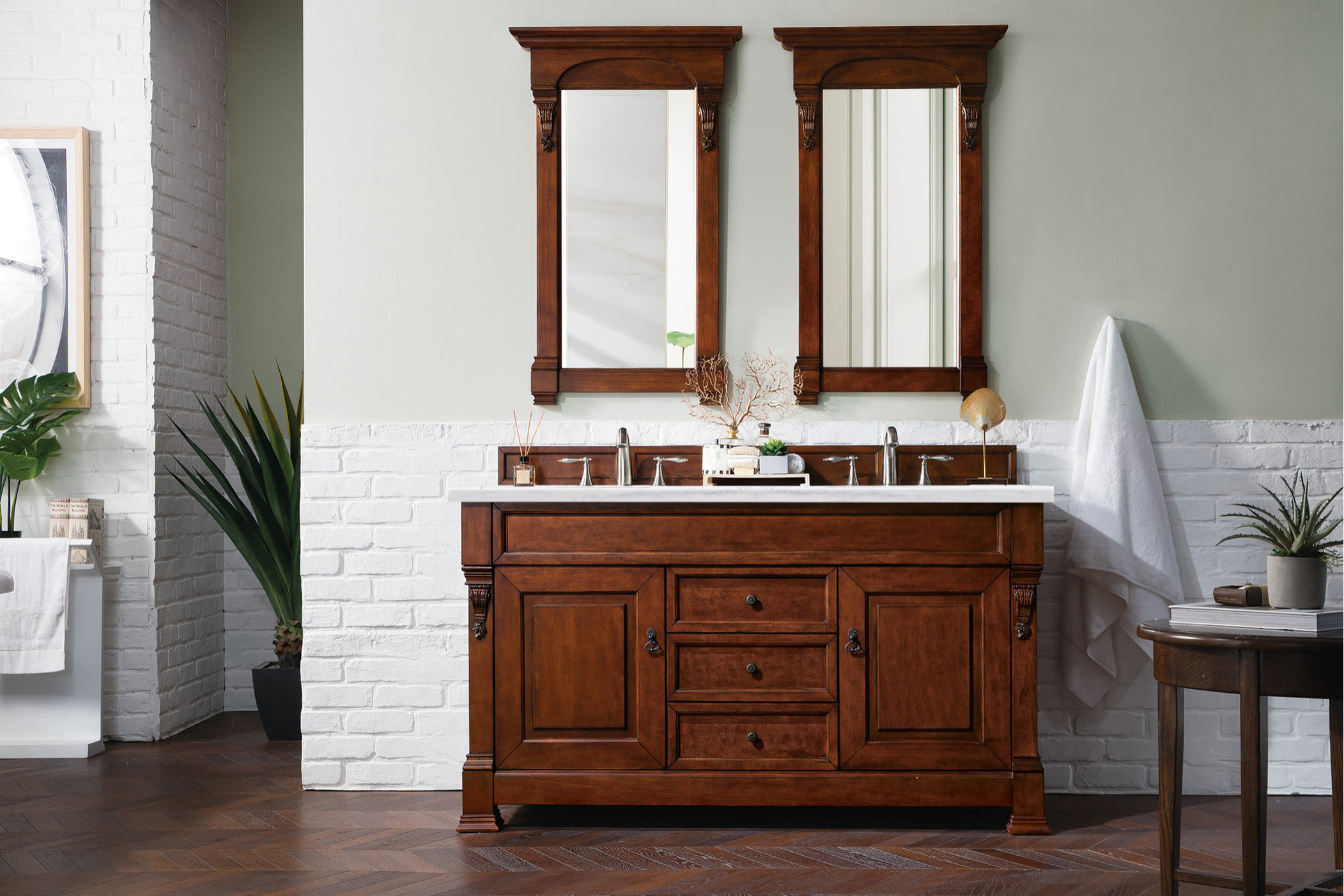 Brookfield 60" Double Vanity, Warm Cherry W/ 3 Cm Arctic Fall Solid ...
