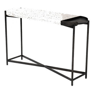 Terrazzo Concrete Top Console Table with Round Edges, White and Black ...