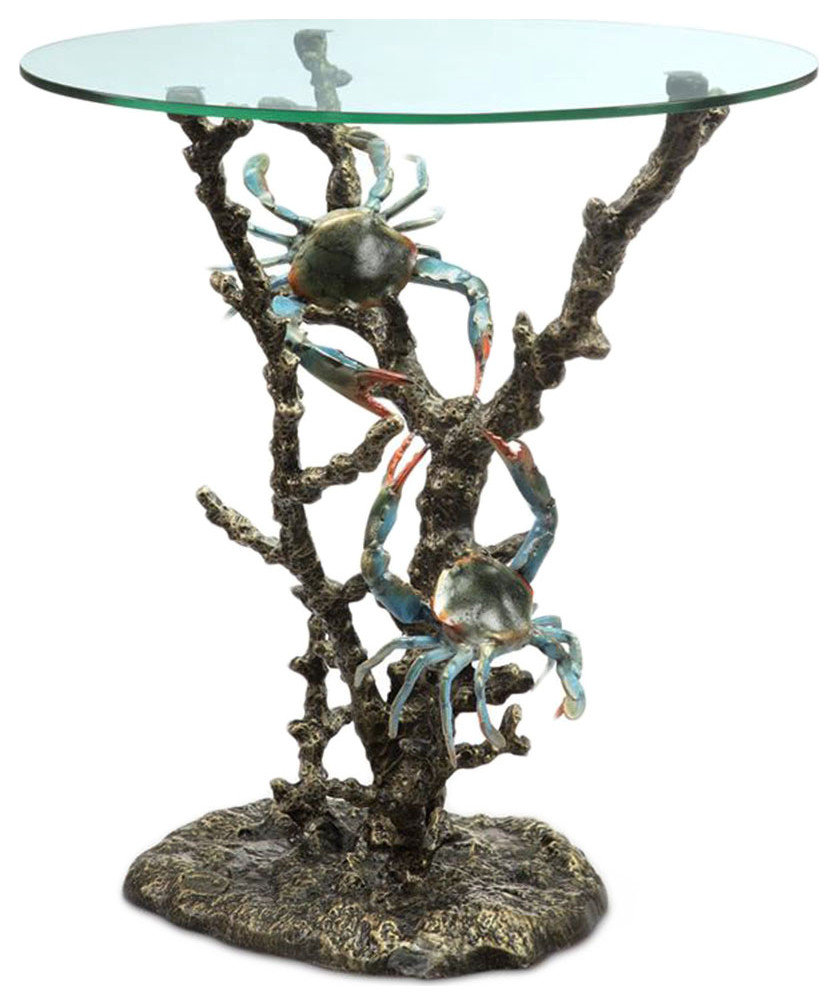 Aluminum Coral and Crab Decorative Glass Top End Table, One Size ...