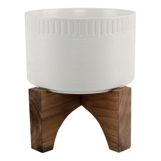 7" Dumpling Ceramic Planter On Wood Stand - Transitional - Indoor Pots ...