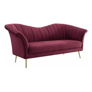 Contemporary Sofa, Angled Golden Legs & Arched Velvet Back With Channel ...