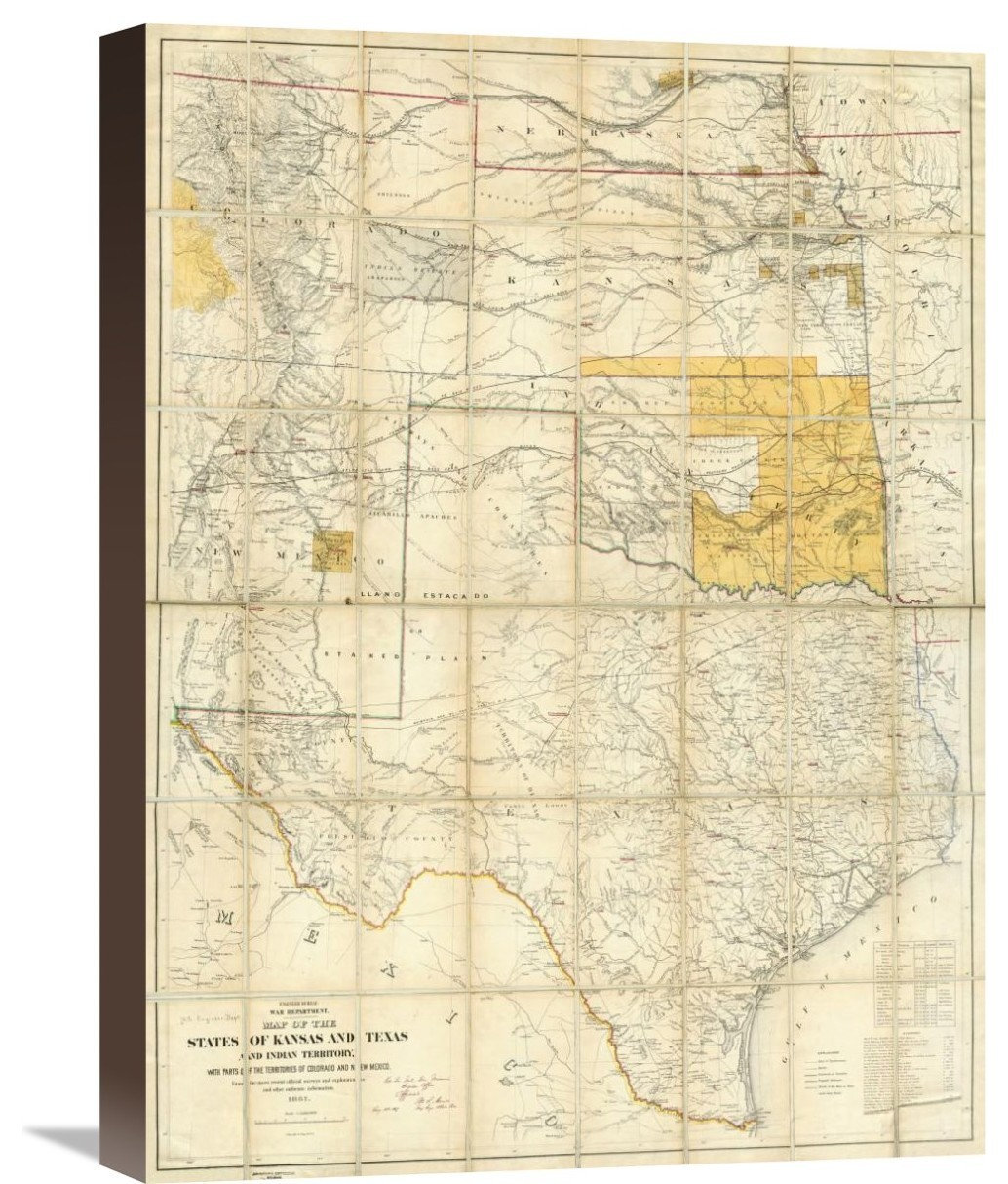 Map Of The States Of Kansas And Texas And Indian Territory, 1867, 12"x1 ...
