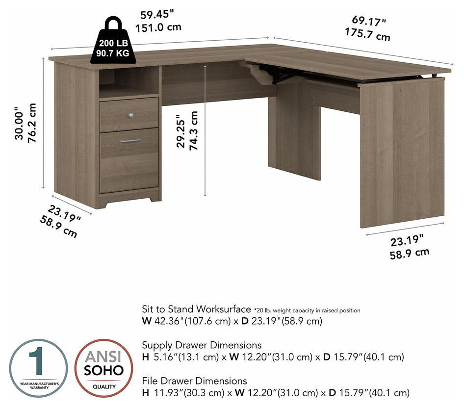 Bush Furniture Cabot 60W 3 Position Sit to Stand L Shaped Desk, Ash ...