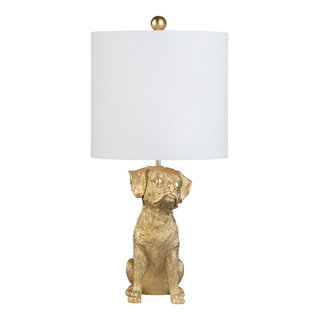 23" Gold Resin Boxer Dog Table Lamp With White Drum Shade ...