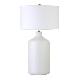 29" White Ceramic Table Lamp With White Drum Shade - Transitional ...