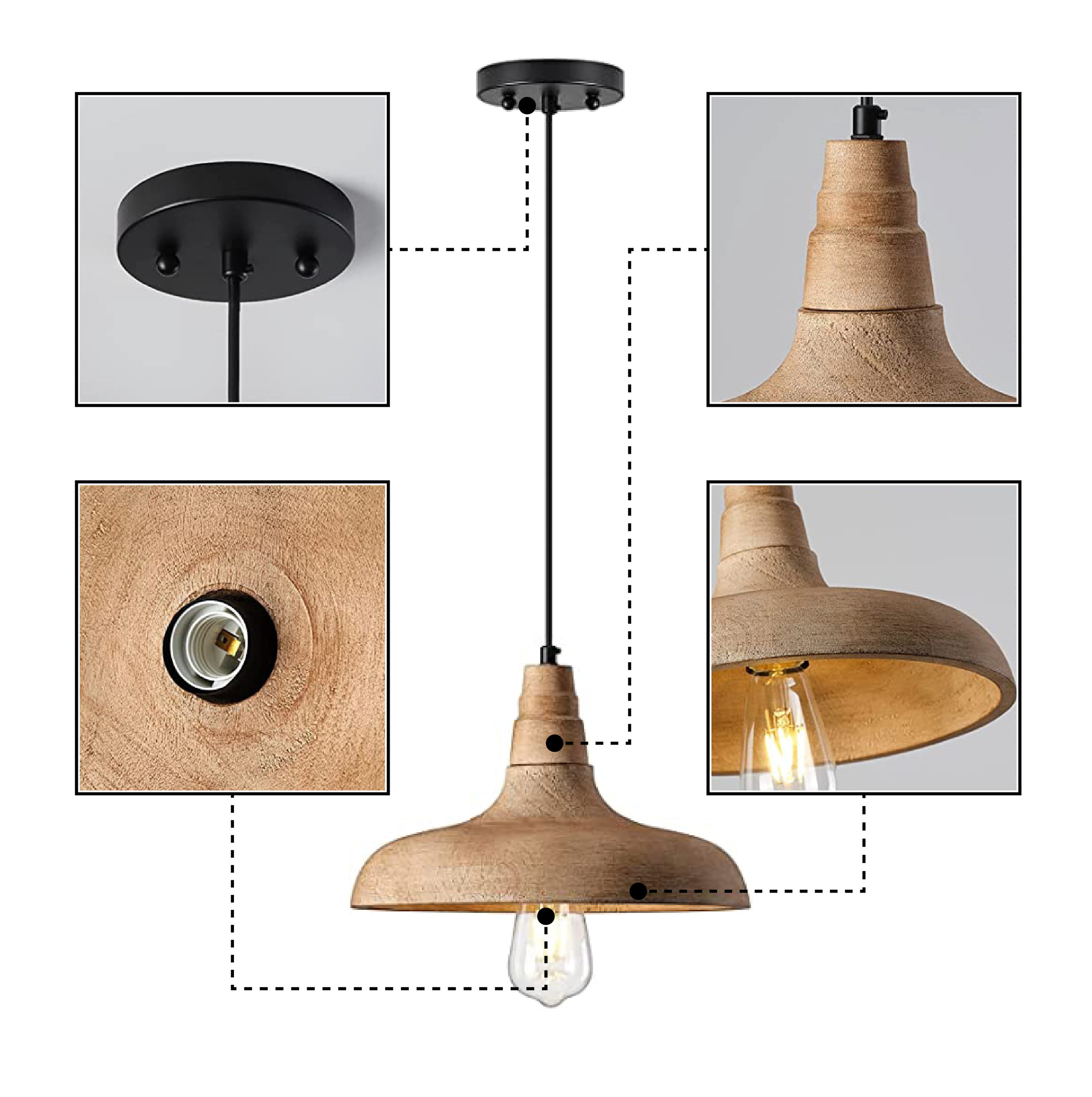 1 Light wood pendant light Farmhouse pendant light fixture Adjustable ...