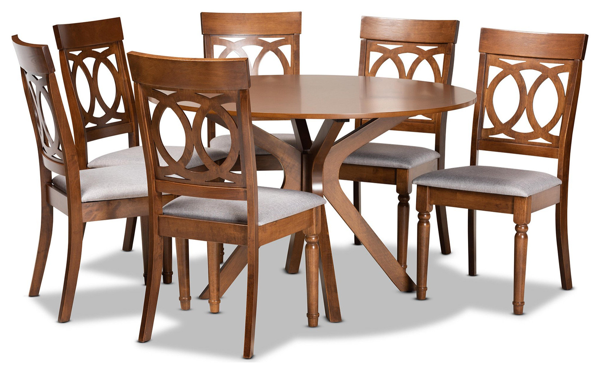 Modern Dining Set, Round Table & 6 Chairs With Geometric Back, Grey ...