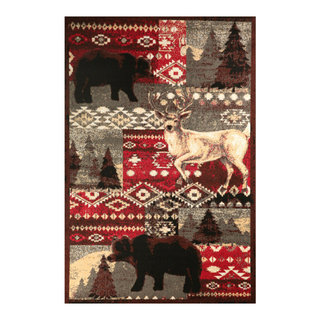 Wildlife Lodge - Multicolor, Pine Tree, Bear, Deer Area Rug, 3'6"x5'6 ...