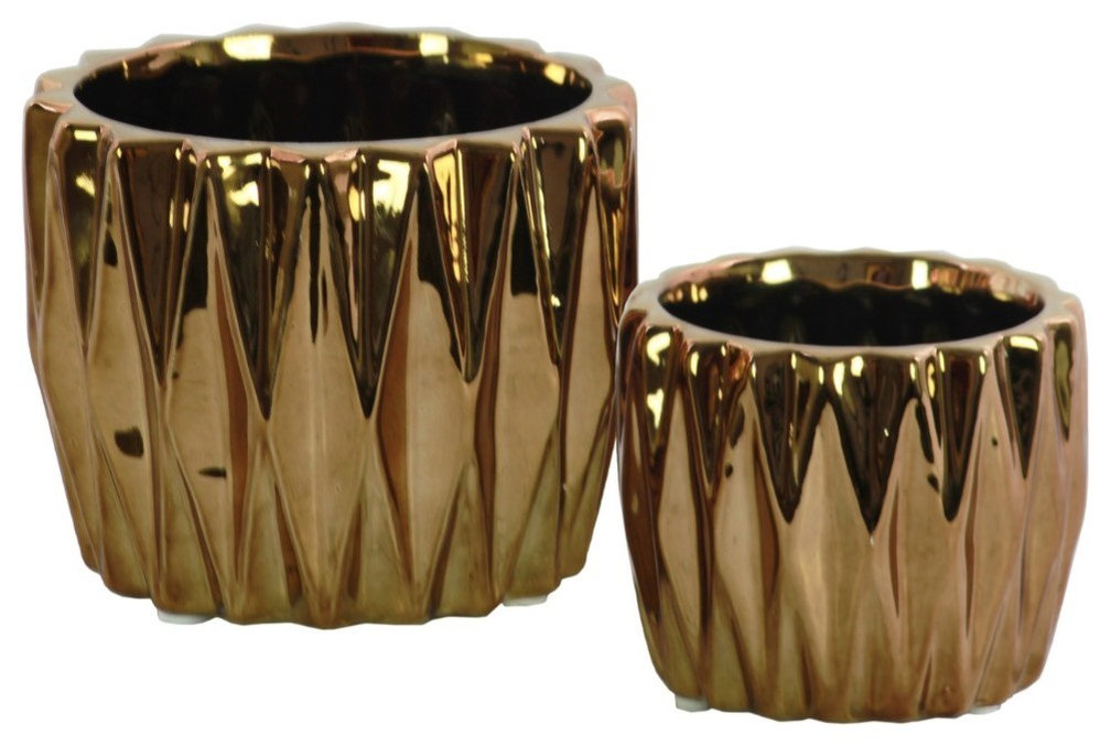 Round Ceramic Vase With 3D Triangle Pattern, Set of 2, Copper ...