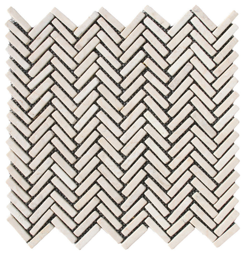 Cream chevron stone mosaic tile, 4" x 12", mesh backing, natural finish ...