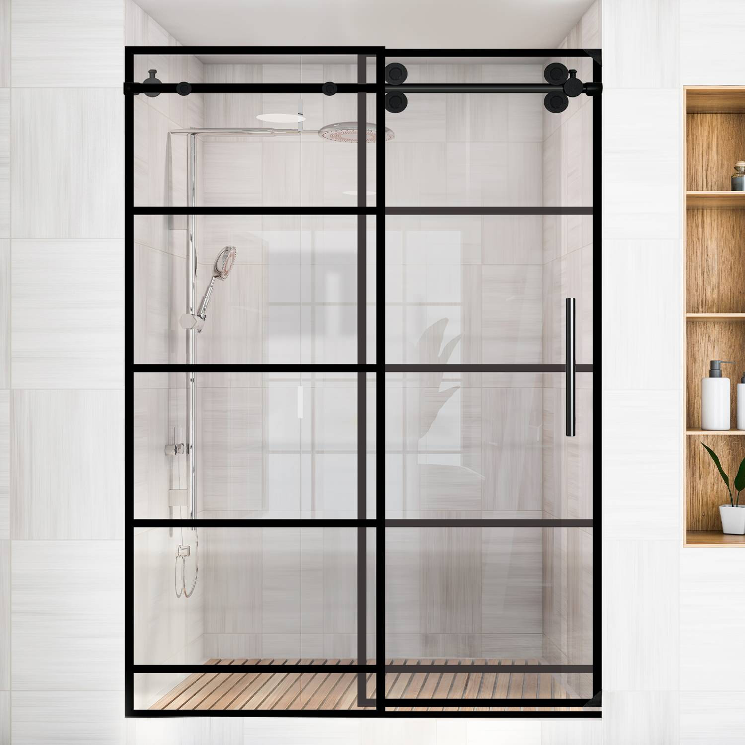 Marcella Single Sliding Matte Black Grid Shower Door, 44"- 48" X 76" - Contemporary - Shower ...