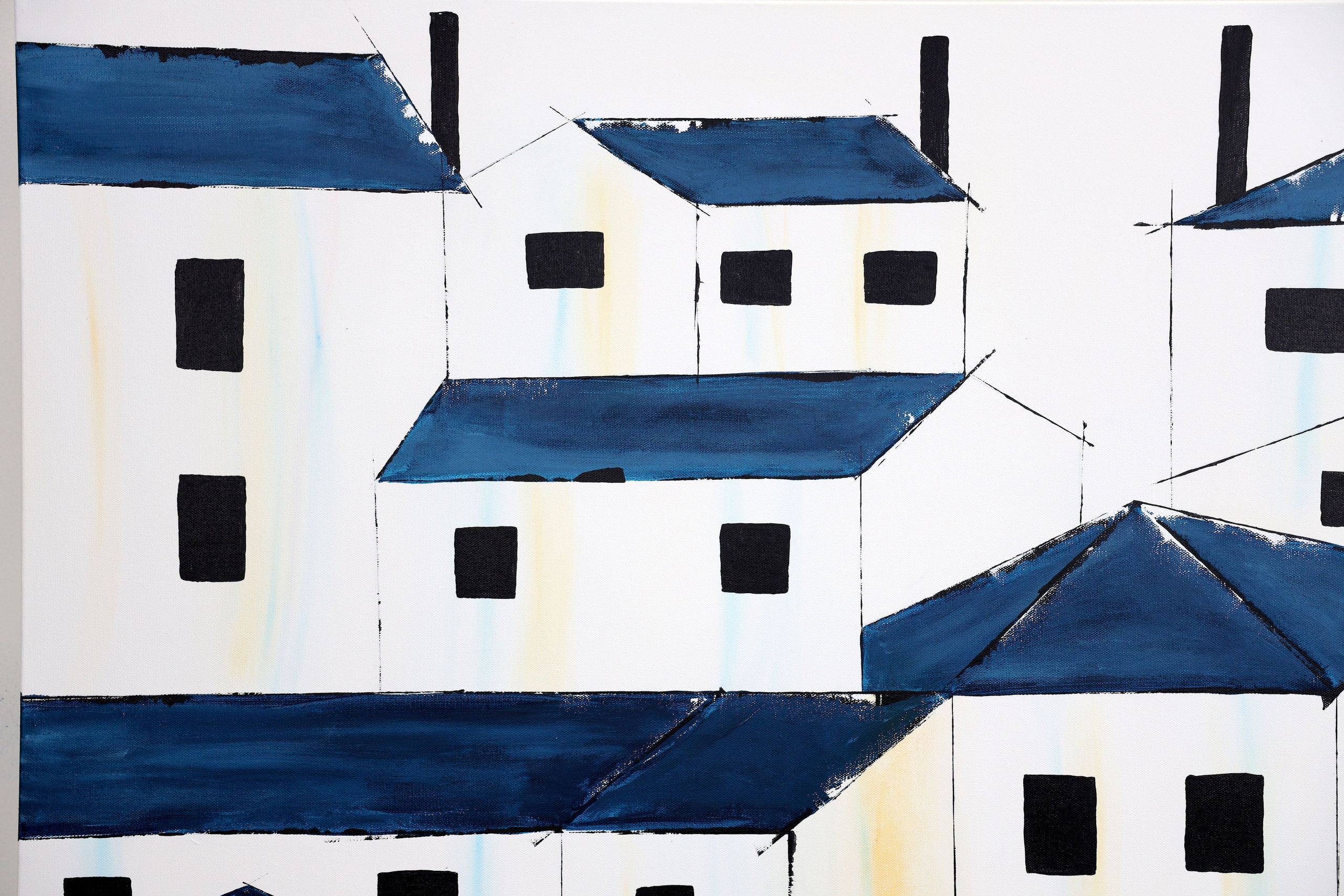 Blue rooftop houses, Architecture landscape painting, cityscape artwork ...