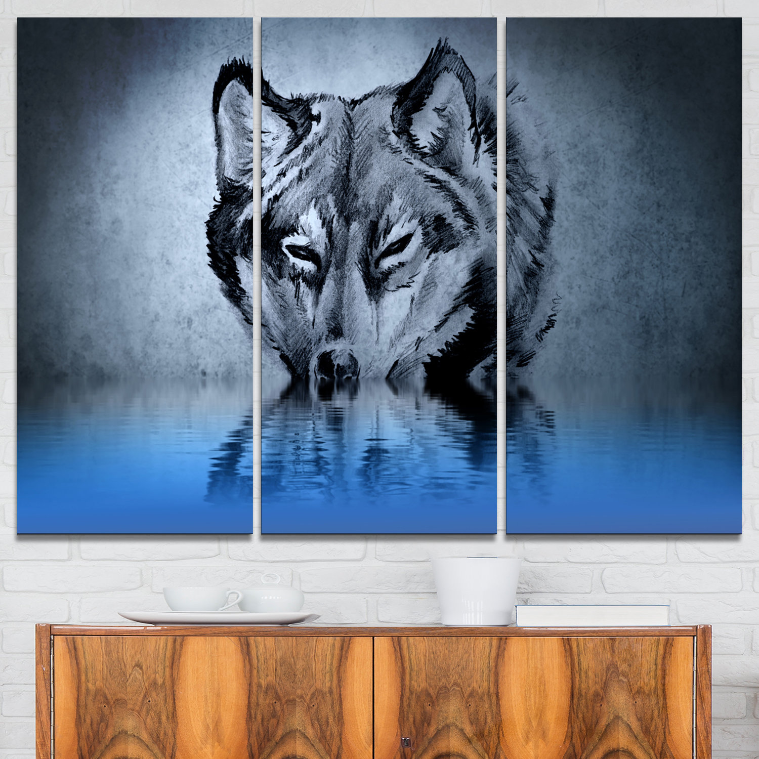 "Wolf Head With Water Reflections Tattoo" Digital Wall Art, 3 Panels ...