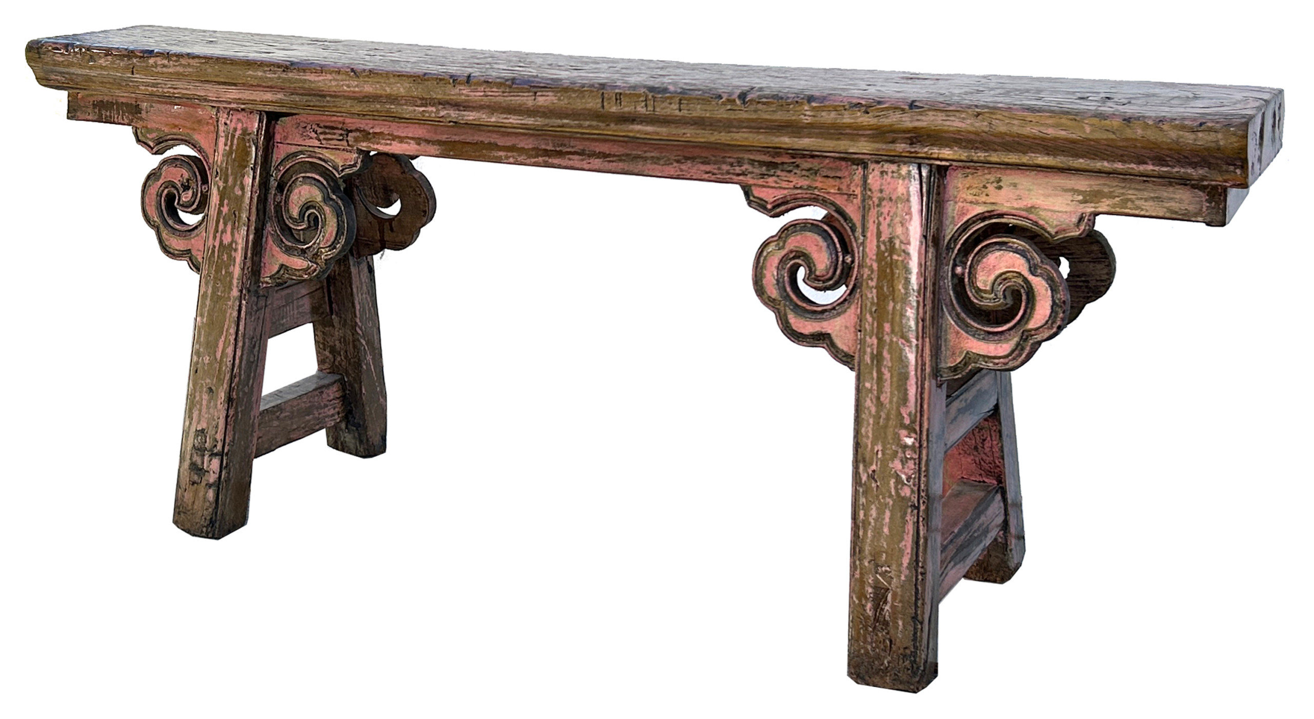 Distressed Rustic Pink Village Scroll Apron Slim Narrow Wood Bench ...